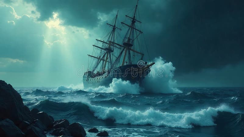 Sailing Ship in Storm Sea on the Foreground Power Sea Wave Stock Photo ...