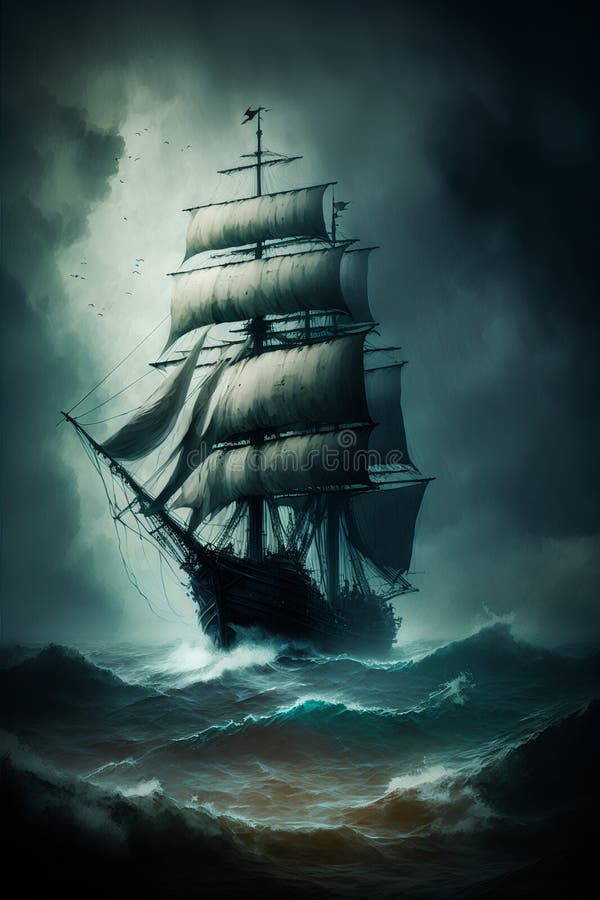 Sailing Ship in Stormy Sea. 3d Render Illustration Stock Illustration ...