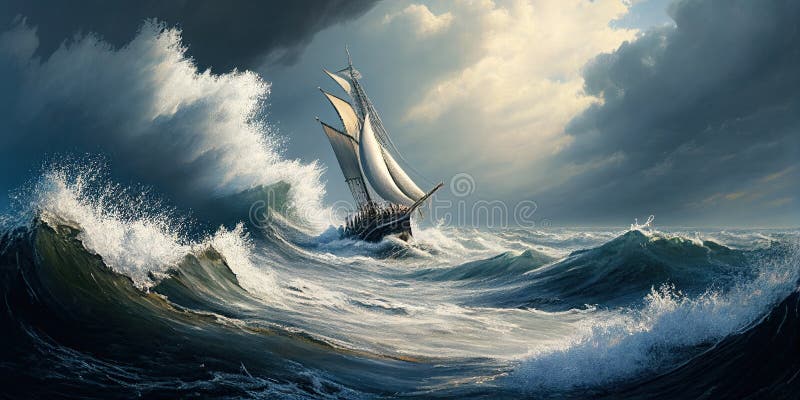 Sailing Ship in a Stormy Sea, Watercolor, Ai Generative Stock ...