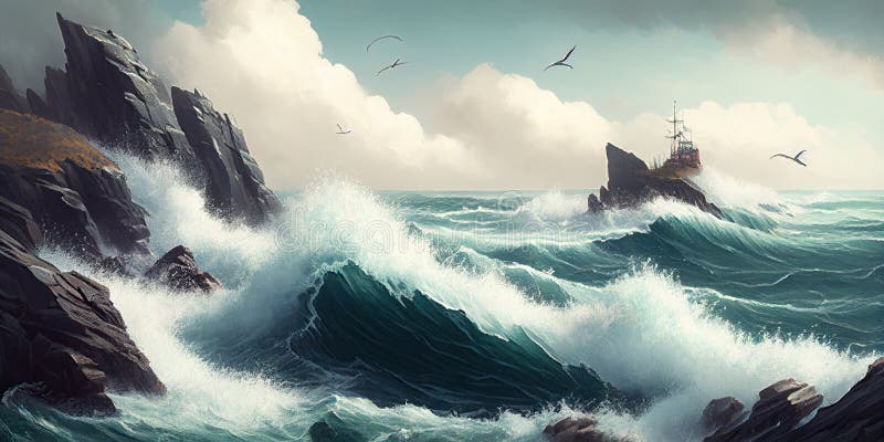 Sailing Ship in a Stormy Sea, Watercolor, Ai Generative Stock ...