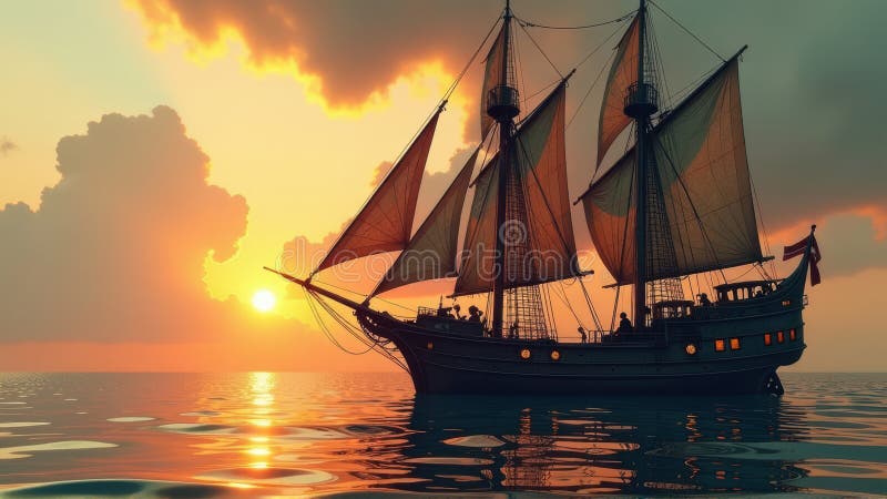 Sailing Ship at Sunset stock illustration. Illustration of horizon ...