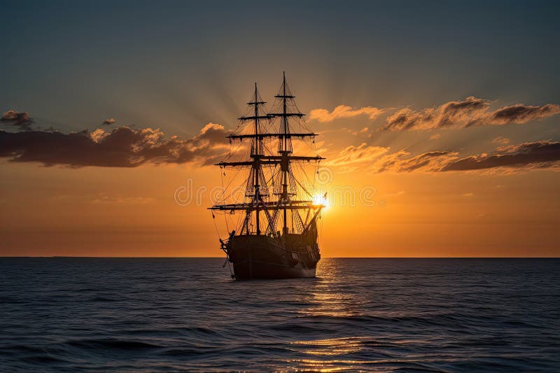 Sailing Ship at Sunset, with the Sun Setting Over the Horizon Stock ...