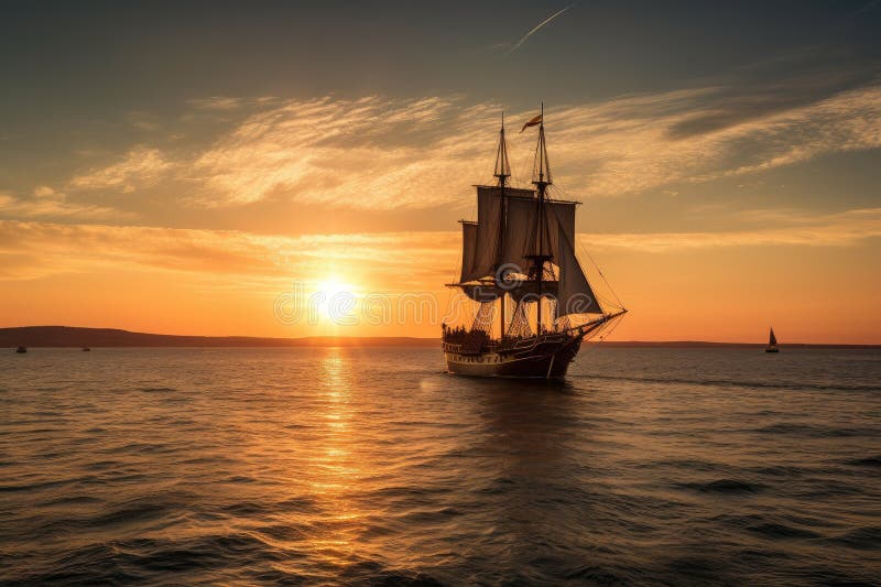 Sailing Ship at Sunset, with the Sun Setting Over the Horizon Stock ...