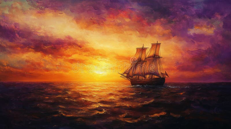 Sailing Ship at Sunset, Vibrant Ocean Scene Stock Illustration ...