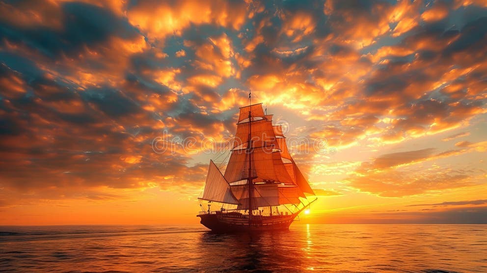 Sailing Ship at Sunset with Vibrant Sky Stock Illustration ...