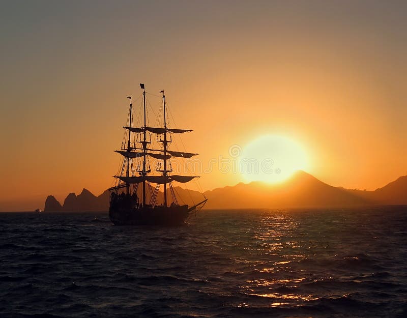 Ancient Sailing Ship at Sunset Stock Photo - Image of adventure, vessel ...
