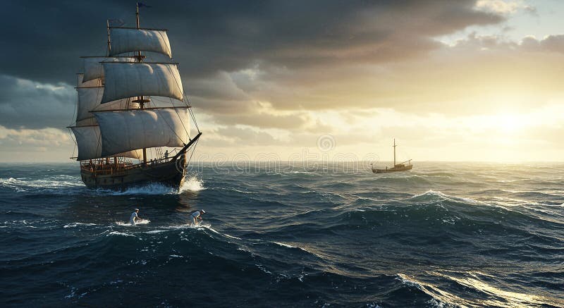 A Sailing Ship with Tall Masts and Billowing White Sails Traverses a ...