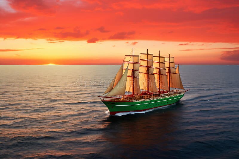 Sailing Ship Under Sail at Sunset on the High Seas Stock Illustration ...