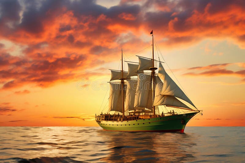 Sailing Ship Under Sail at Sunset on the High Seas Stock Illustration ...