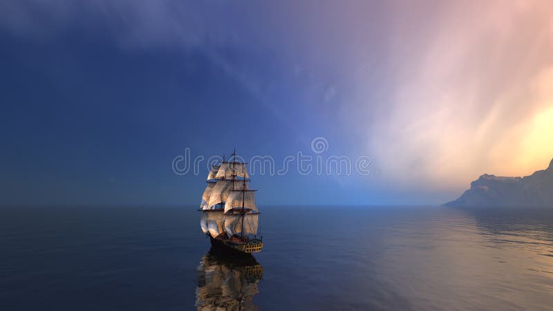 Sailing Ship in the Vast Ocean in a Sunset Scene 3d Rendering Stock ...