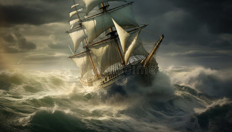 Sailing Ship on Wave, Sailboat with Yacht, Wind Transportation Outdoors ...