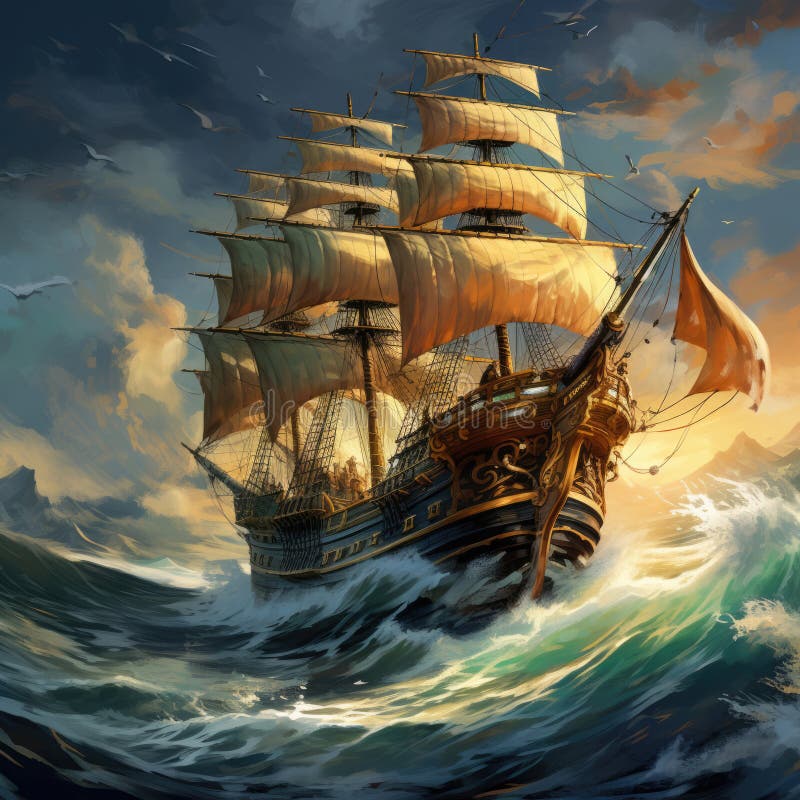 Sailing Ship on the Waves. Fantasy Night Seascape Stock Illustration ...