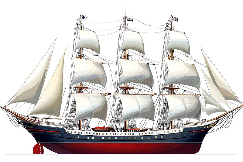 Sailing Ship with White Sails and Union Jack Flags Stock Illustration ...