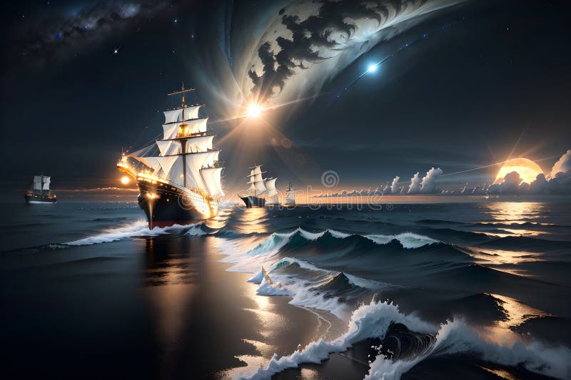 Sailing Ships Gliding through the Wavy Sea Under the Magnificent Sky ...