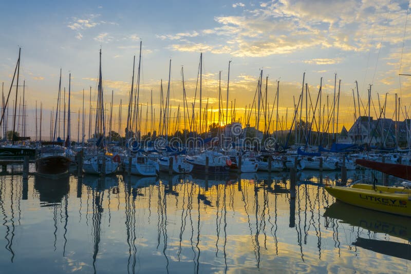 Sailing Ships in the Harbour of Balatonkenese at Sunset Stock Photo ...