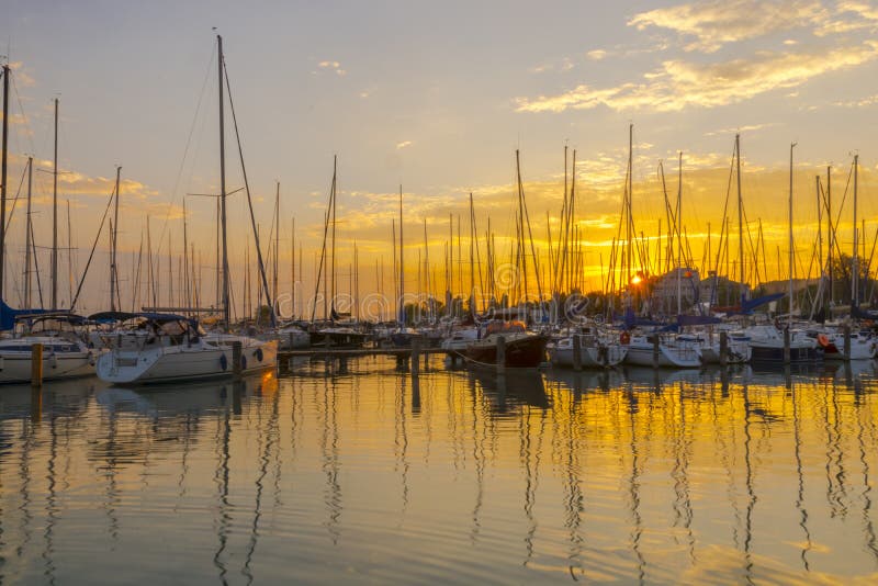 Sailing Ships in the Harbour of Balatonkenese at Sunset Stock Photo ...