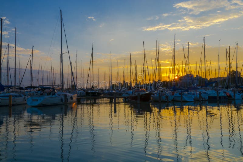 Sailing Ships in the Harbour of Balatonkenese at Sunset Stock Image ...