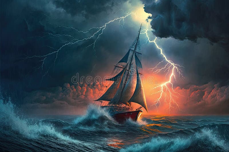 Sailing in a Storm Against Backdrop of Lightning and Rising Waves Stock ...