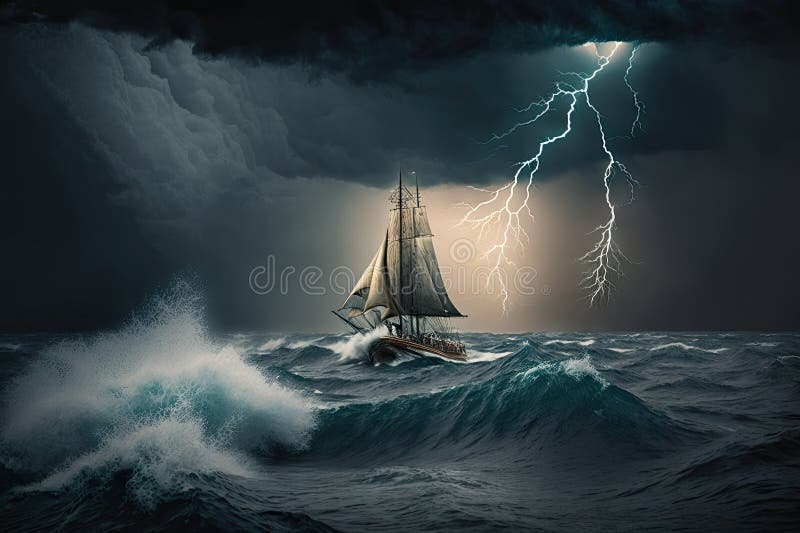 Sailing in a Storm Against Backdrop of Lightning and Rising Waves Stock ...
