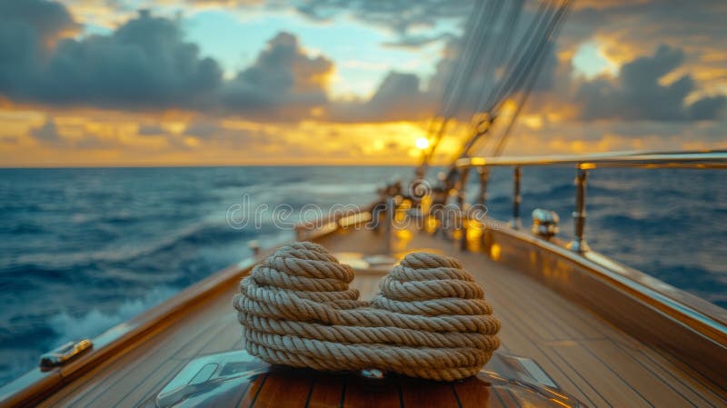 Sailing into the Sunset with Ropes on the Deck and Vibrant Clouds in ...