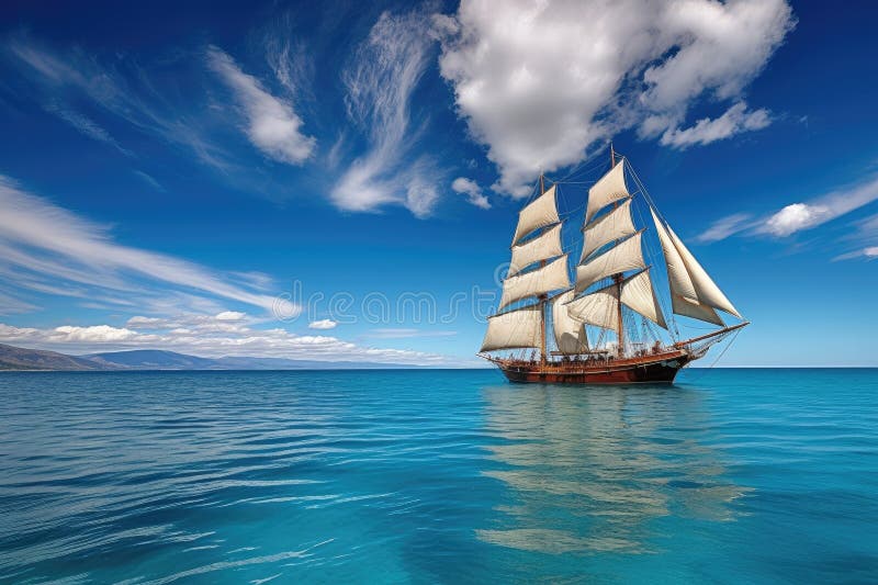Sailing Vessel at Full Sail on a Clear Blue Sea Stock Illustration ...