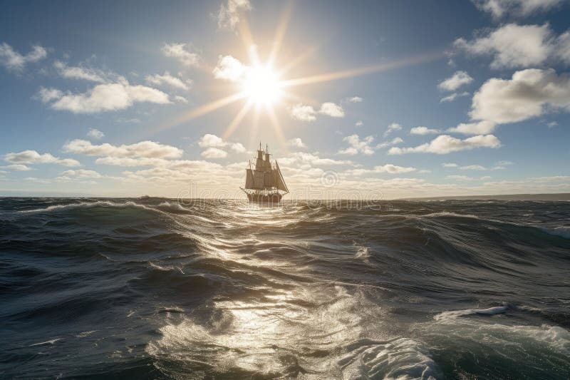 Sailing Vessel Making Its Way Across the Sea, with Waves and Sun ...