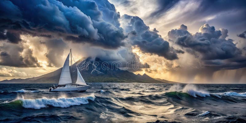 Sailing Vessel Navigating Tumultuous Ocean Waves Beneath Dramatic Storm ...