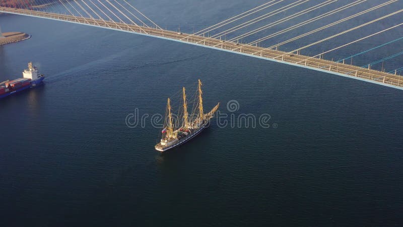 Sailing Vessel Pallada Under a Cable-stayed Bridge. Aerial View Stock ...