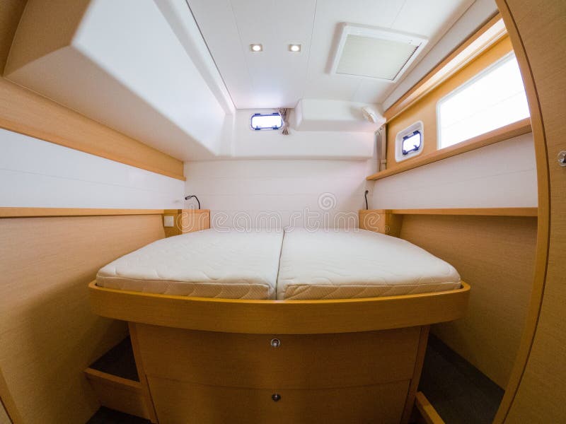 Sailing Yacht Interior with Double Beds Stock Image - Image of room ...