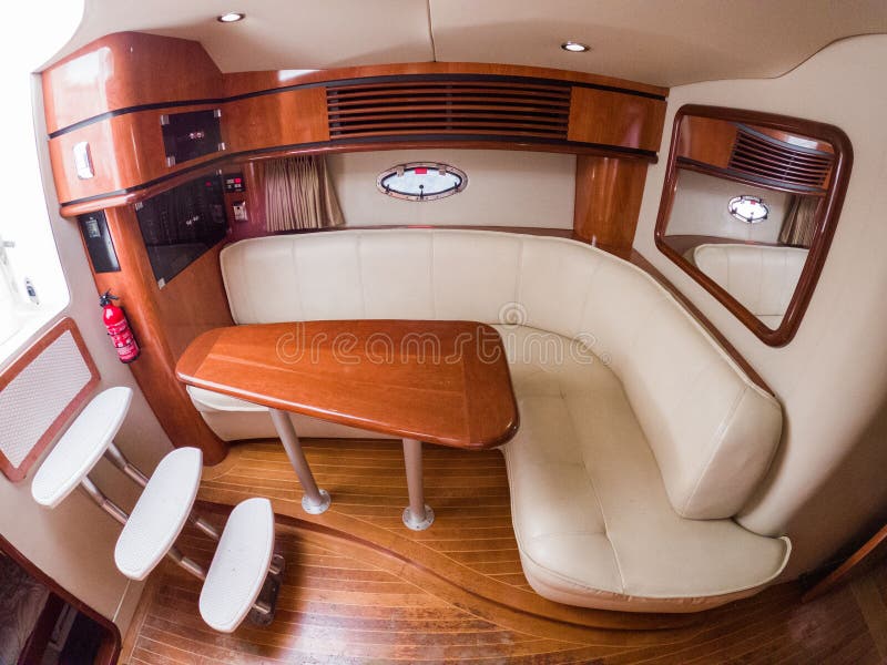 Sailing Yacht Interior with a Sofa and a Table Stock Image - Image of ...