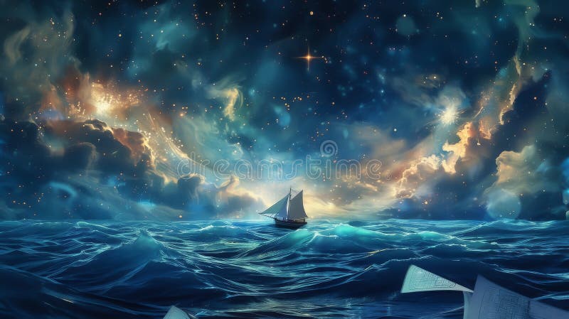 Sailor with Nautical Charts Merging into a Wide Open Ocean Under the ...