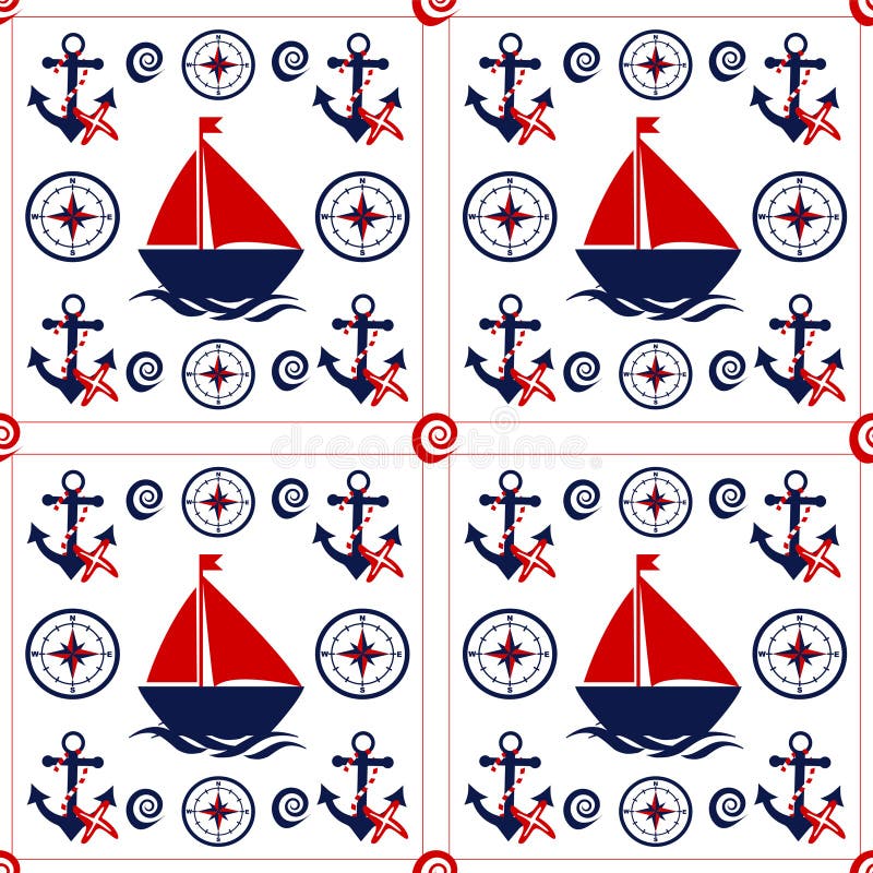 Sailor and Nautical Pattern in Blue Style Stock Vector - Illustration ...