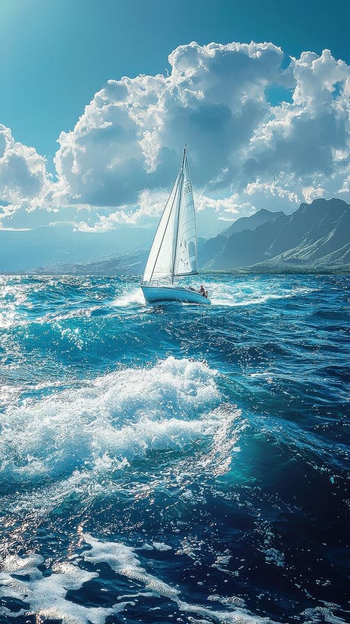 Sailor Navigating a Sailboat in the Open Ocean Under Clear Blue Sky ...