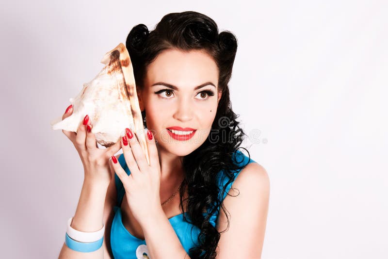 Sailor Pin Up Girl with Bright Make Up Sitting on a Suitcase. Stock ...