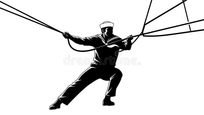 Sailor Pulling Ropes: Black and White Silhouette Stock Image ...