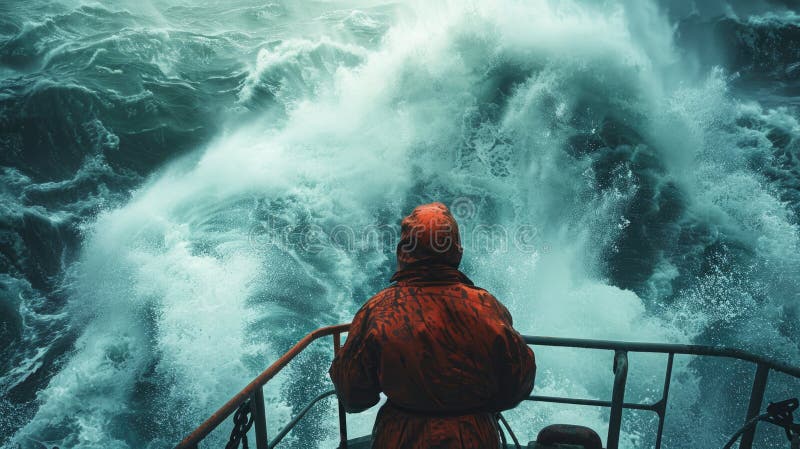 Sailor in Red Jacket Facing Rough Seas on a Stormy Day Stock ...