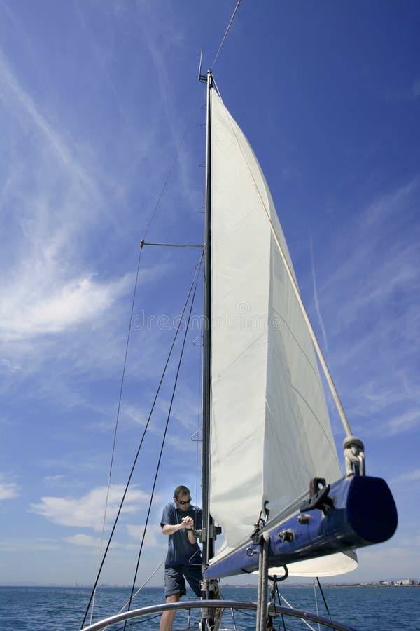 Sailor in Sailboat Rigging the Sails Stock Image - Image of nautical ...