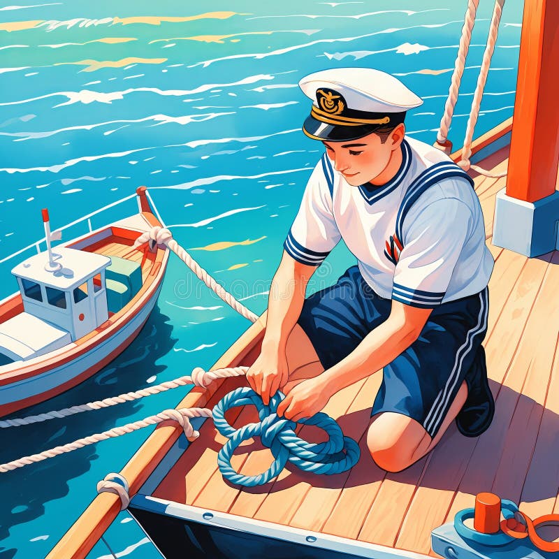 Sailor Securing Ropes on a Vibrant Blue Sea Stock Image - Image of deck ...