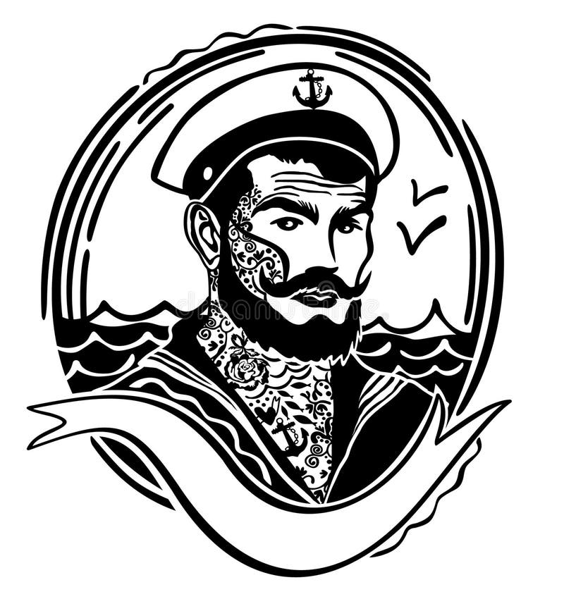 Sailor. Vector Portrait of Young Man with Tattos in Naval Uniform on ...