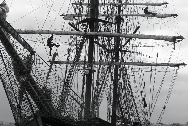 Sailors Working Aloft in the Rigging of a Traditional Tallship ...