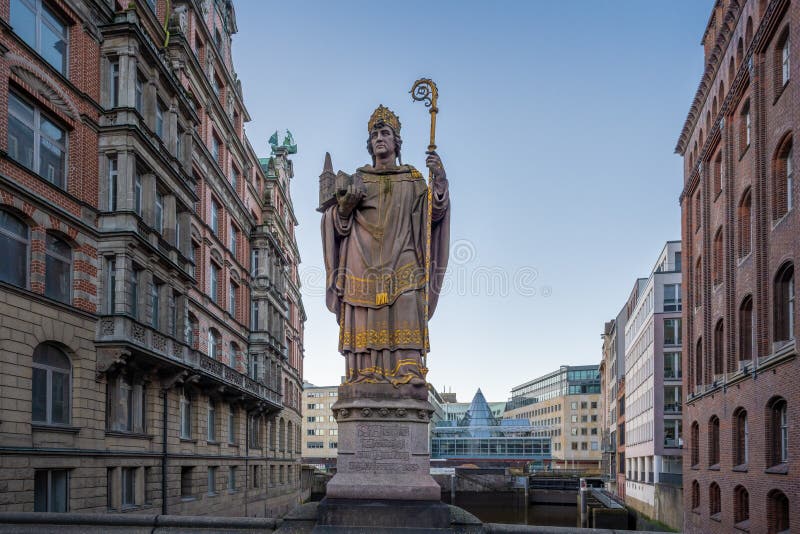 Saint Ansgar Statue at Trostbrucke Bridge - Hamburg, Germany Stock ...