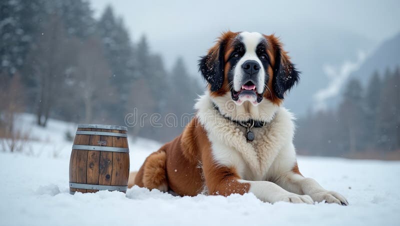 Saint Bernard Dog with Barrel in Snowy Mountains Stock Illustration ...