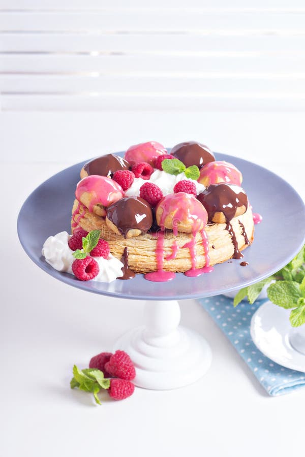 Saint-Honore Cake with Chocolate and Raspberry Stock Image - Image of ...