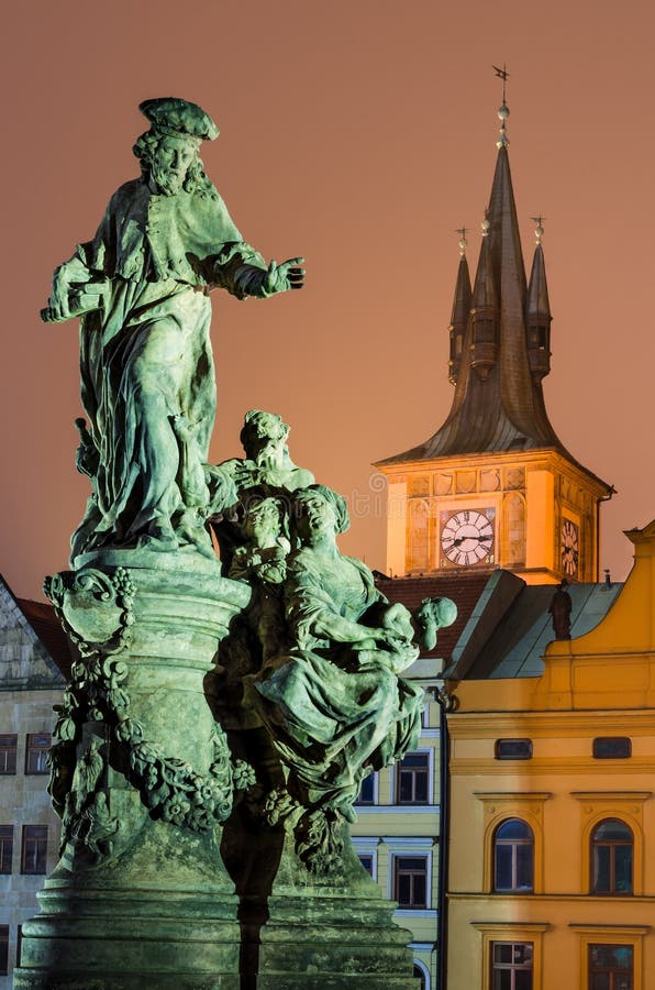 Saint Ivo Statue and Smetana Clock-tower, Prague. Stock Image - Image ...
