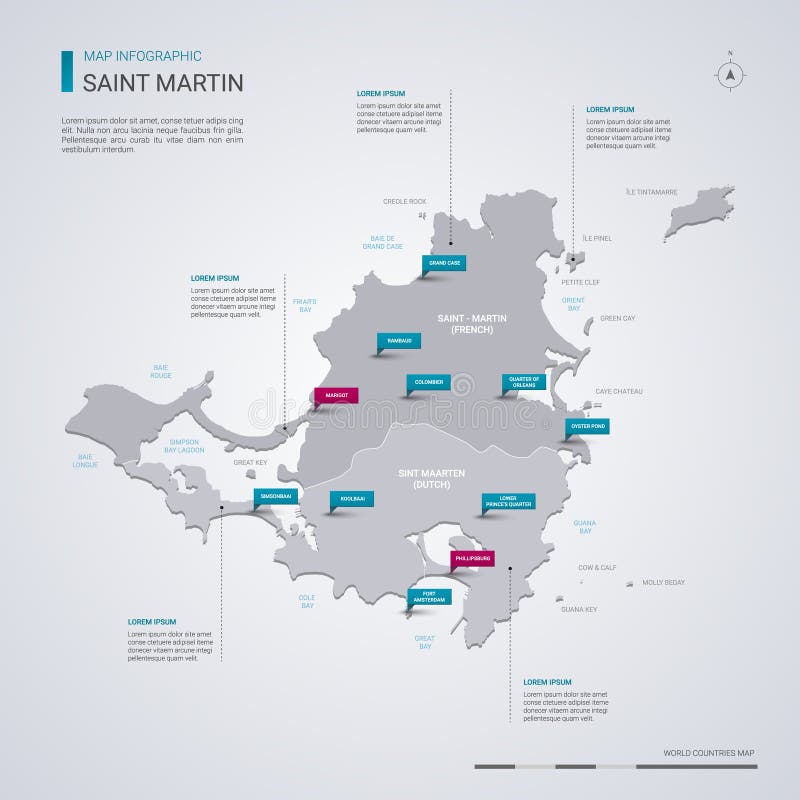 Saint Martin Vector Map with Infographic Elements, Pointer Marks Stock ...