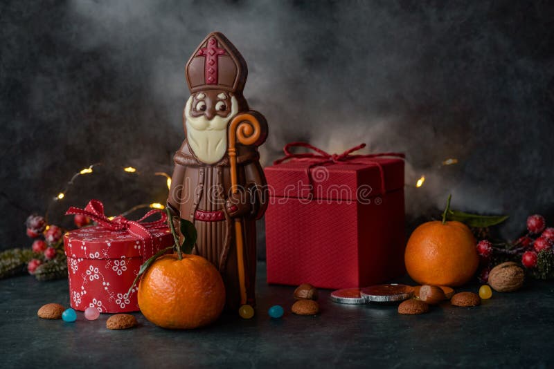Saint Nicholas Chocolate with Gift Stock Image - Image of mandarin ...