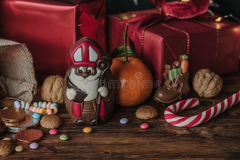 Saint Nicholas Chocolate with Gifts Stock Photo - Image of card, fruit ...