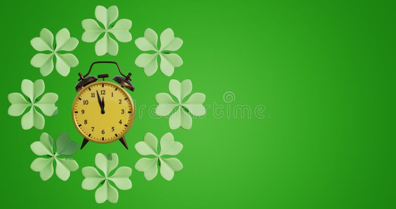 Saint Patrick S Day. Alarm Clock Surrounded by Clover Leaves on a Green ...