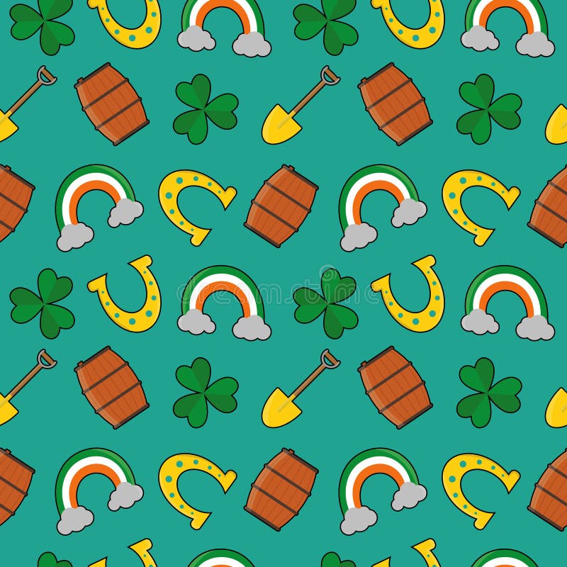 Saint Patricks Day Pattern with Elements of Rainbow, Shamrock, Horseshoe, Barrel and Shovel ...
