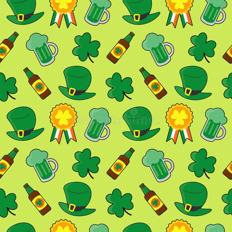 Saint Patricks Day Pattern with Elements of Shamrock, Beer, Glass with Ale, Badge and Hat Stock ...